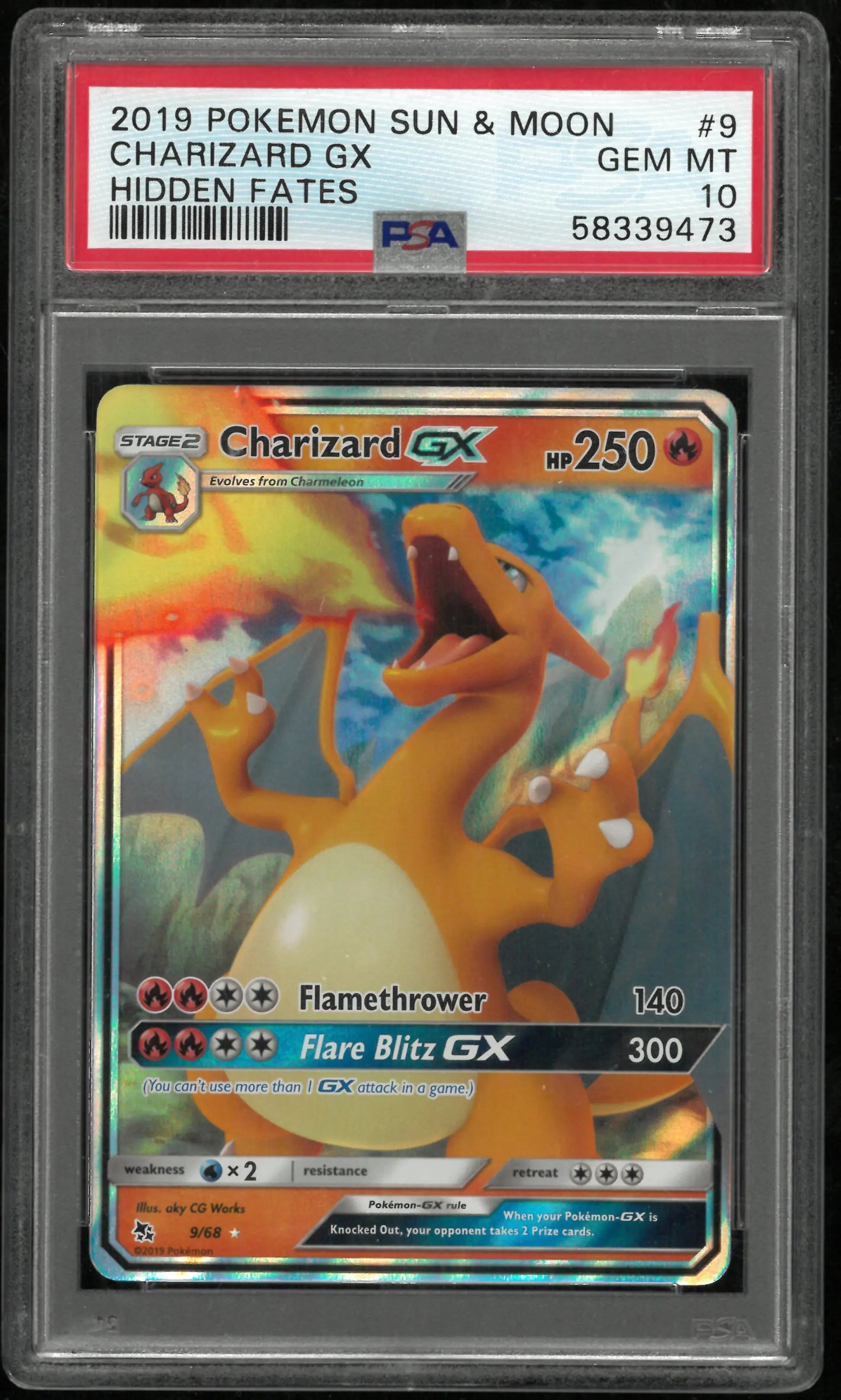 2019 Pokemon Sun & Moon Hidden Fates Charizard GX #9 PSA 10