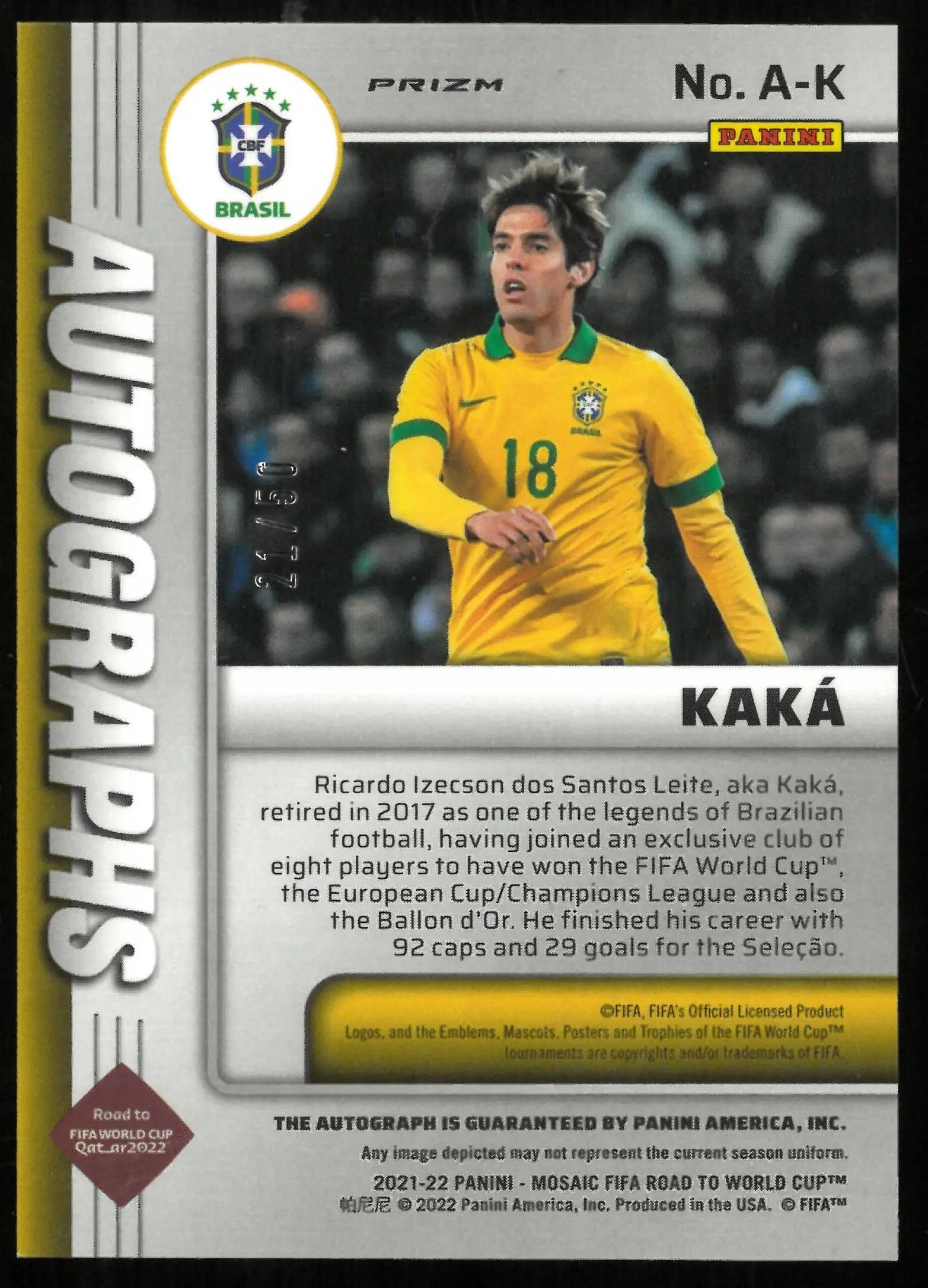 Kaka Autograph Card - 2021-22 Mosaic FIFA Gold Orange /50