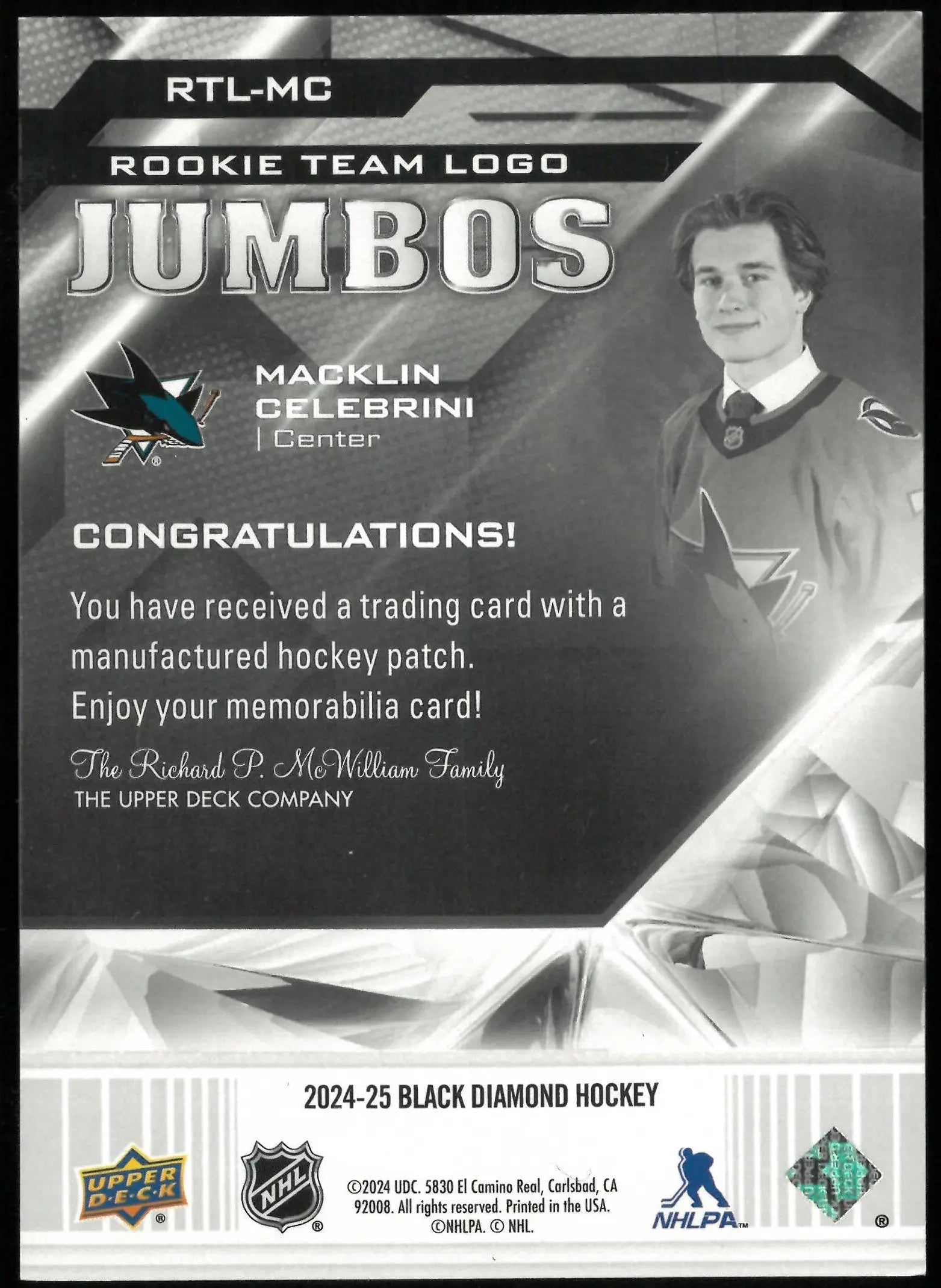 Macklin Celebrini Rookie Card | 2024 UD Black Diamond Jumbos