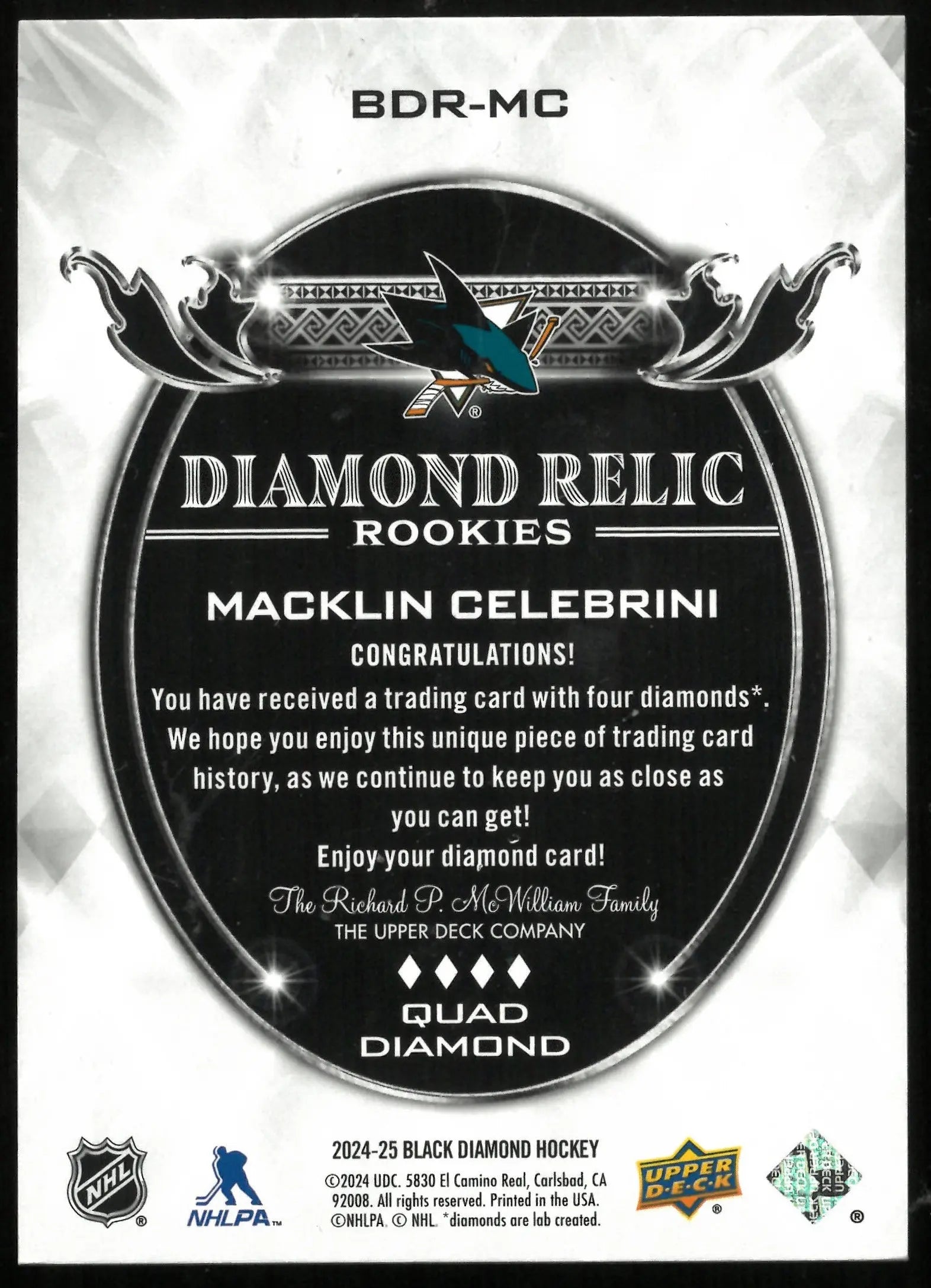 2024-25 UD Black Diamond Macklin Celebrini RC | Emerald Quad Diamond ...