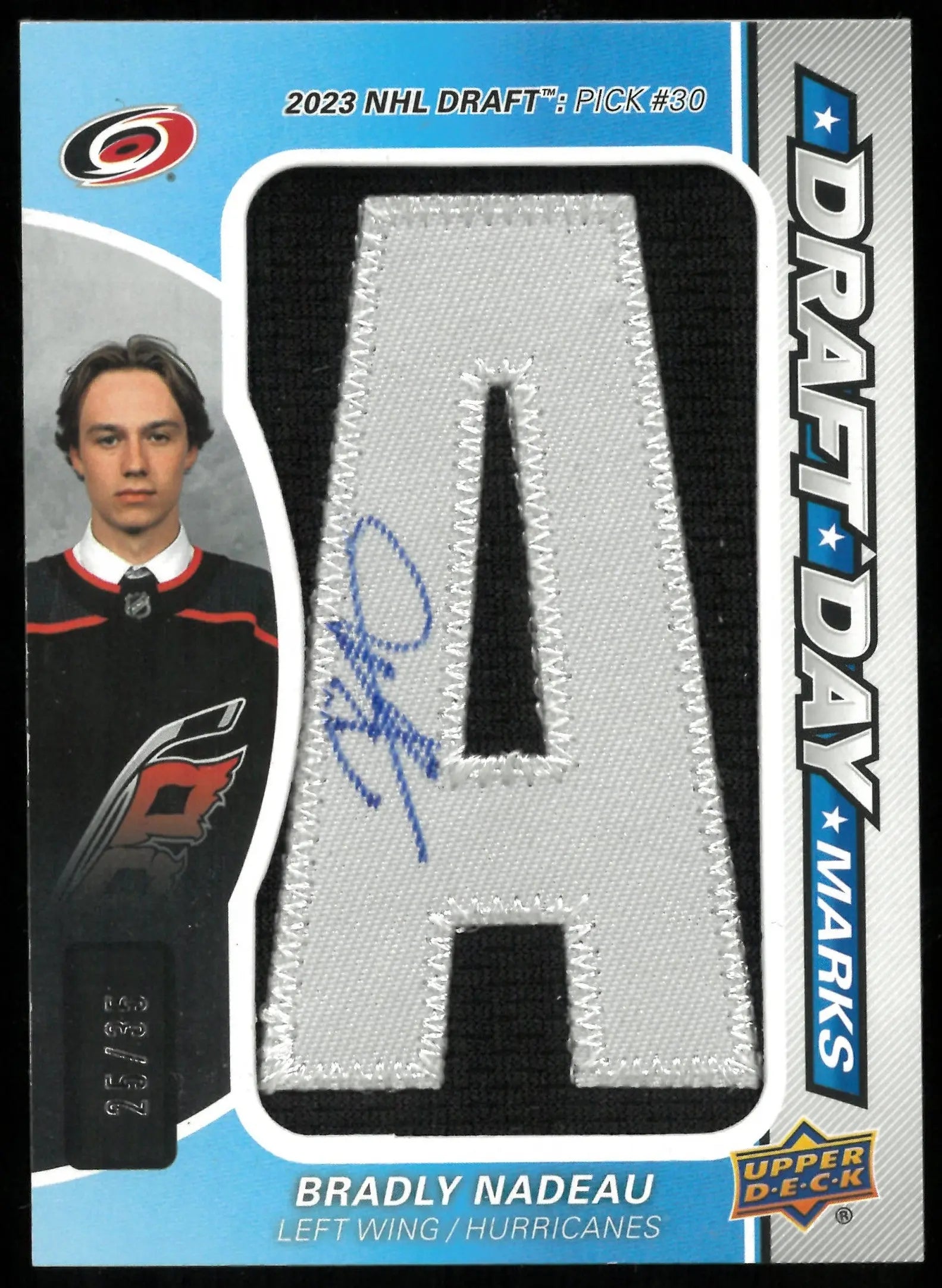2024-25 UD SP Game Used Brady Nadeau Draft Day Marks Auto Letter A /35