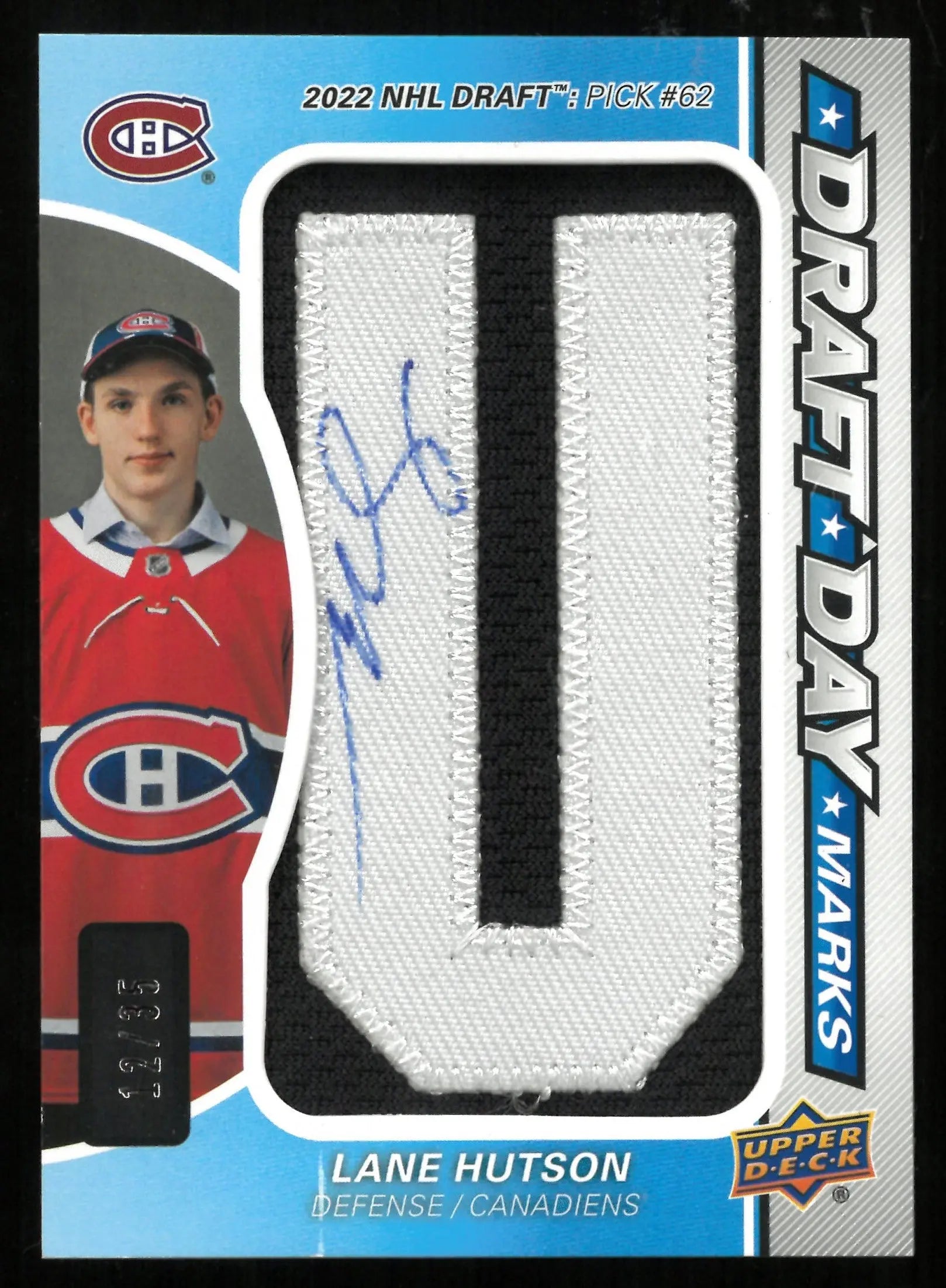 2024-25 UD SP Game Used Lane Hutson RC Draft Day Marks Auto Letter U /35