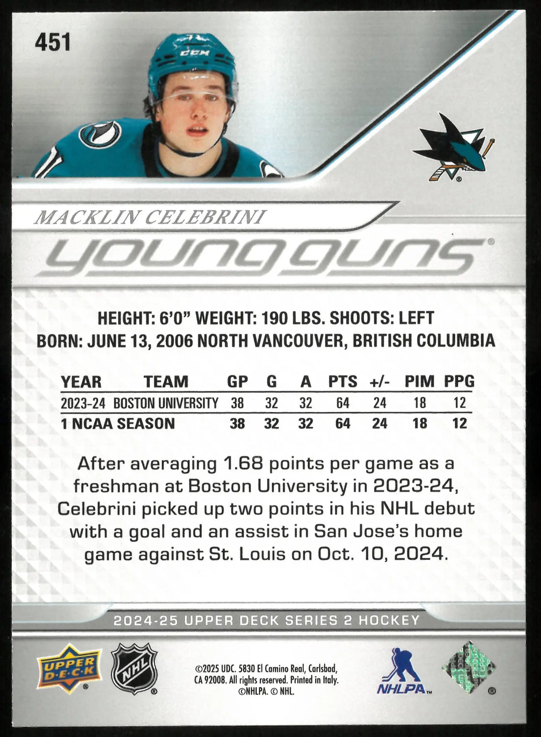 Buy 2024 Upper Deck Series 2 Macklin Celebrini Rookie Card
